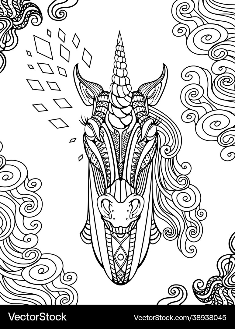 Unicorn head line drawing art facing front Vector Image