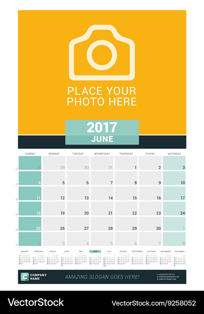 June 2017 wall monthly calendar for 2017 year Vector Image
