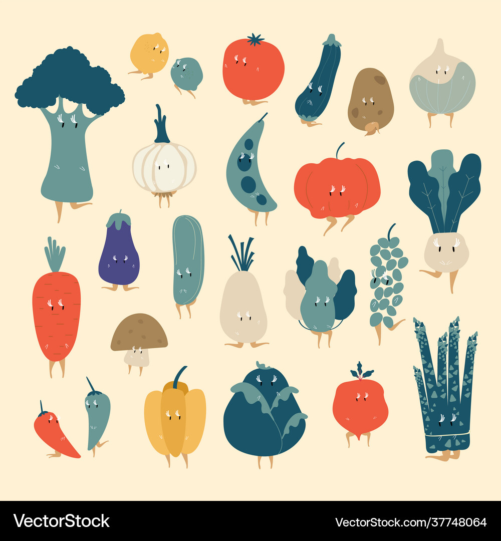 Various organic vegetable cartoon characters set Vector Image