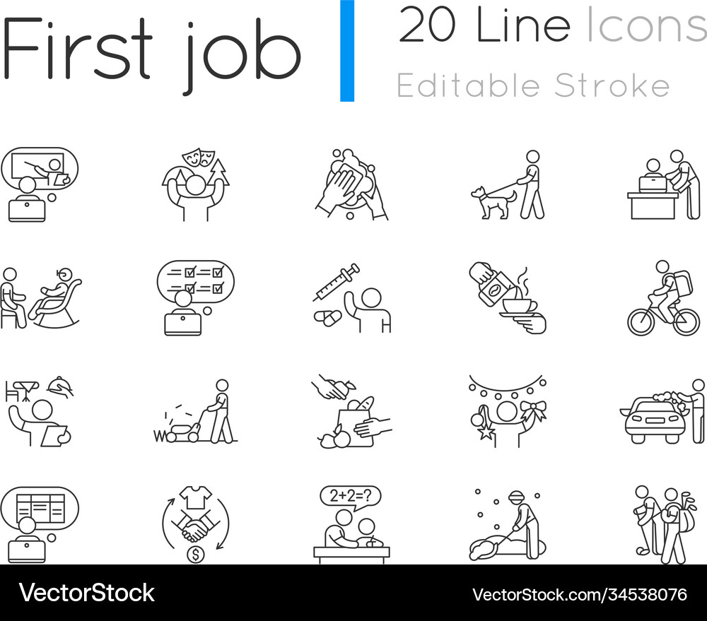 Teenager work experience linear icons set Vector Image