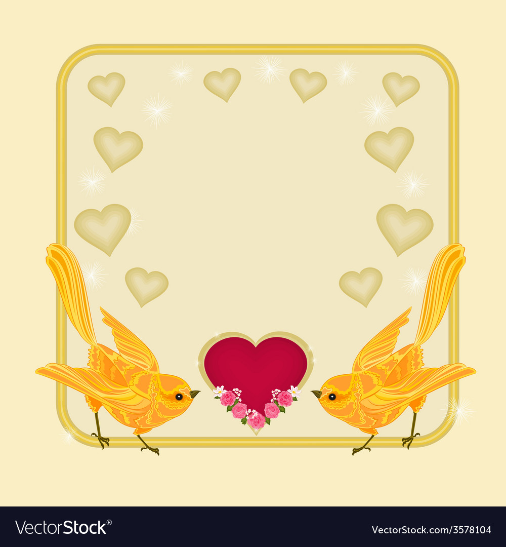 Valentines day frame heart and gold birds Vector Image