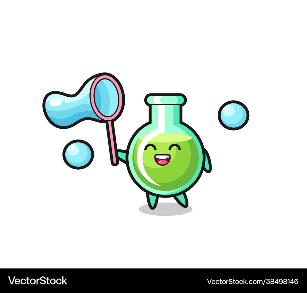 Happy lab beakers cartoon playing soap bubble Vector Image