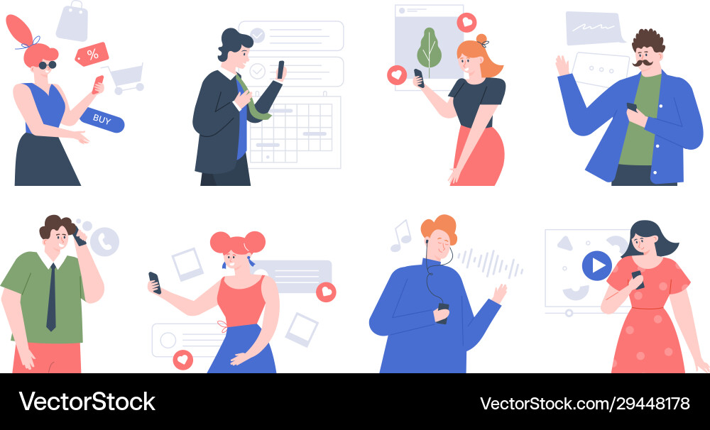 People use smartphones characters talking taking Vector Image