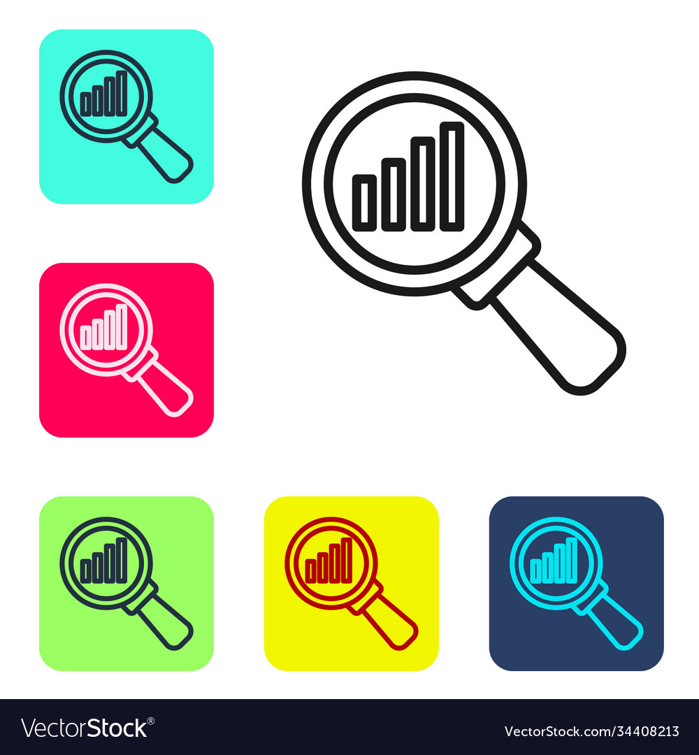 Black line magnifying glass and data analysis icon