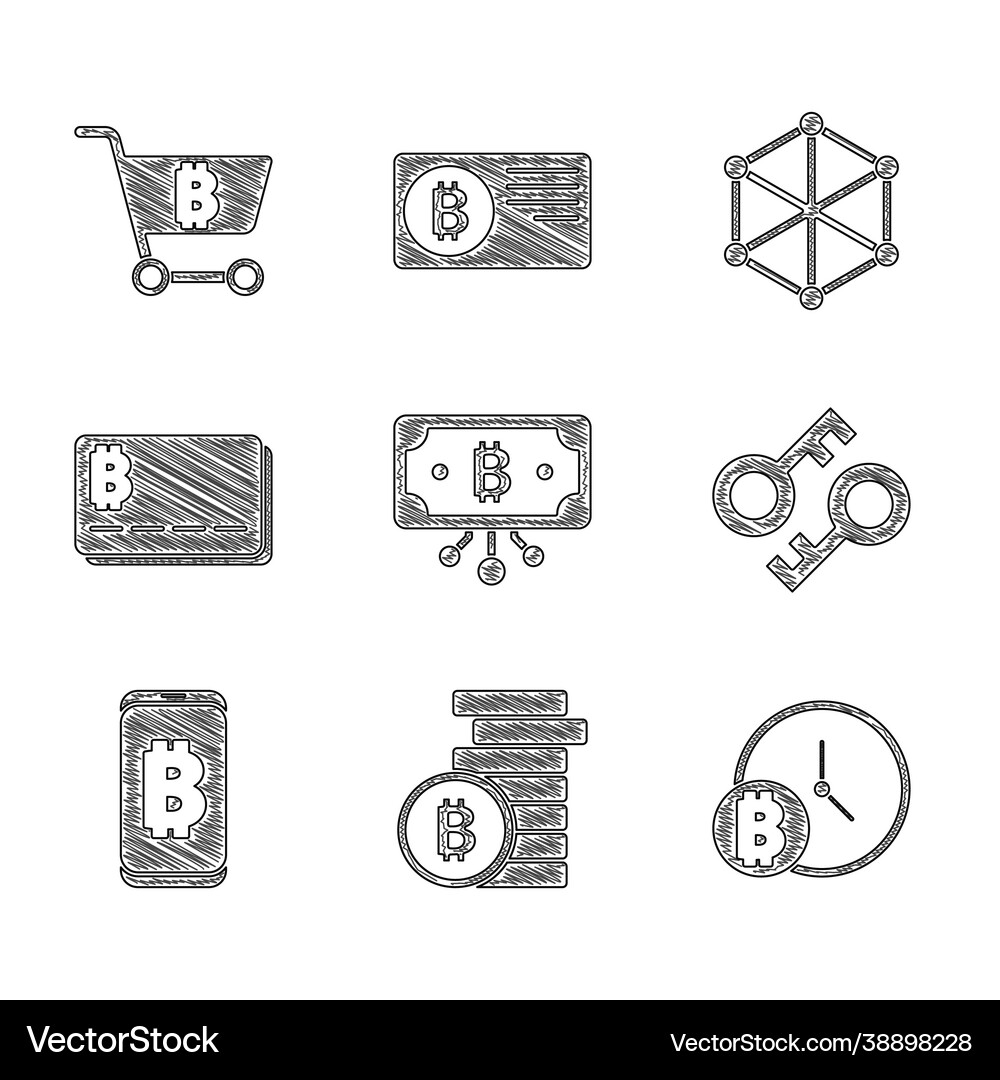 Set bitcoin with circuit clock cryptocurrency Vector Image