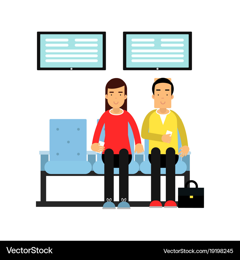 People sitting on chairs and holding queue number Vector Image