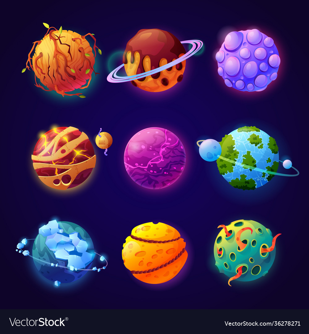 Planet fantasy fictional celestial bodies set Vector Image