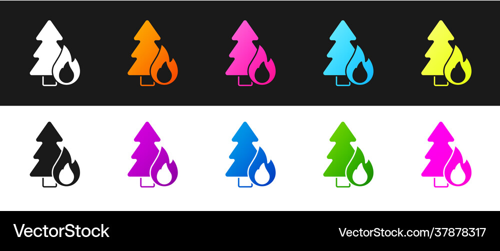 Set burning forest trees in fire flames icon Vector Image