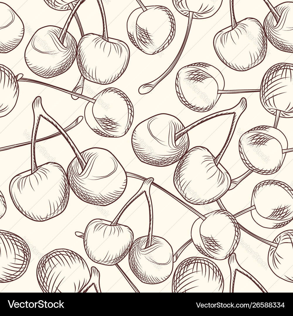 Hand draw cherries seamless pattern engraving Vector Image