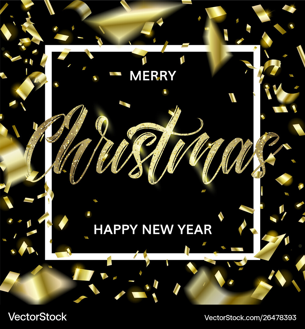 Golden christmas text and confetti in square frame