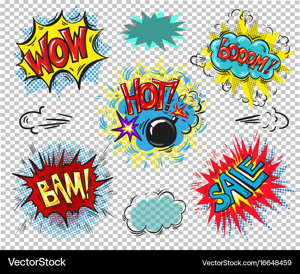 Collection of seven multicolored comic sound Vector Image
