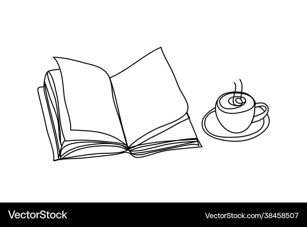 Book and coffee cup line drawing style design Vector Image