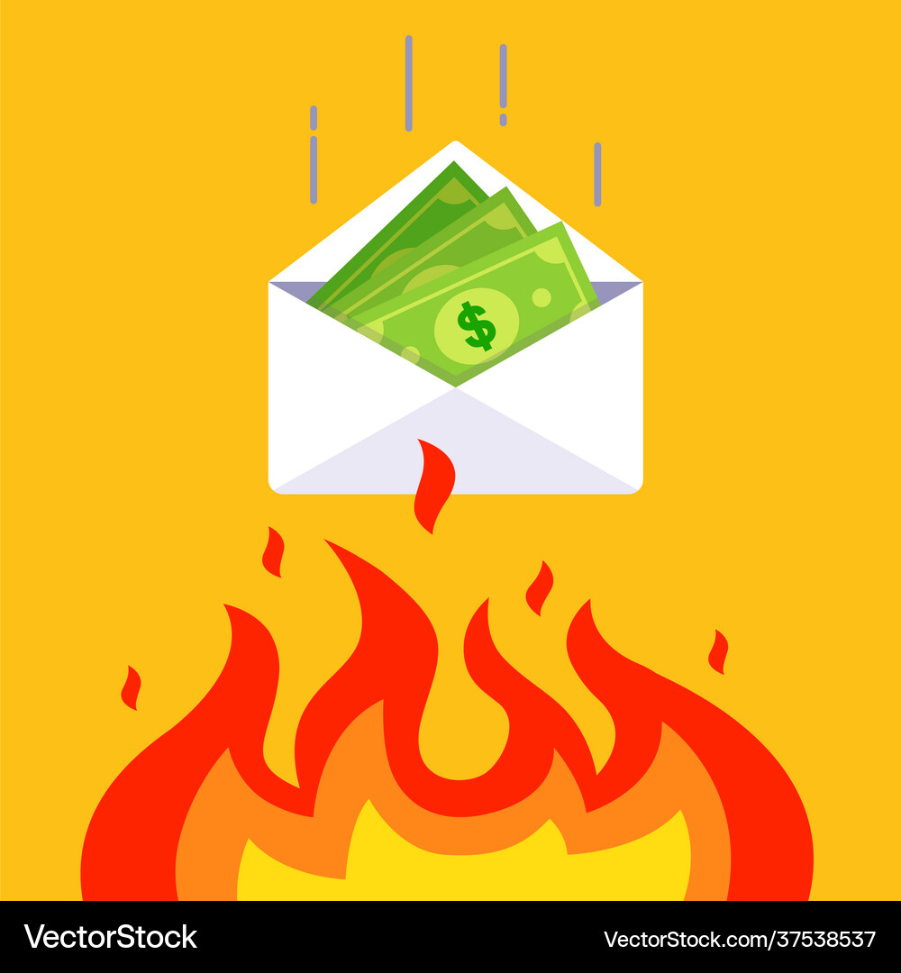Money in an envelope falls into fire Royalty Free Vector