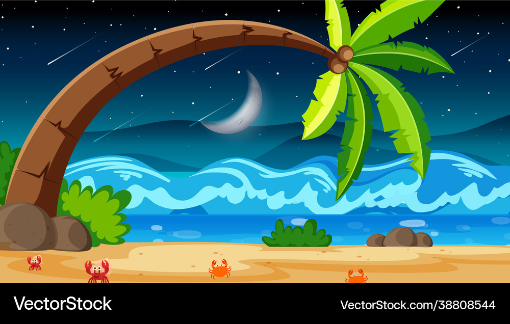 Tropical beach landscape scene at night Royalty Free Vector