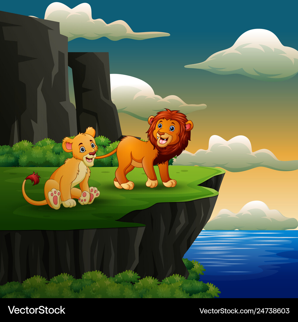 Lions cartoon roaring on cliff background Vector Image