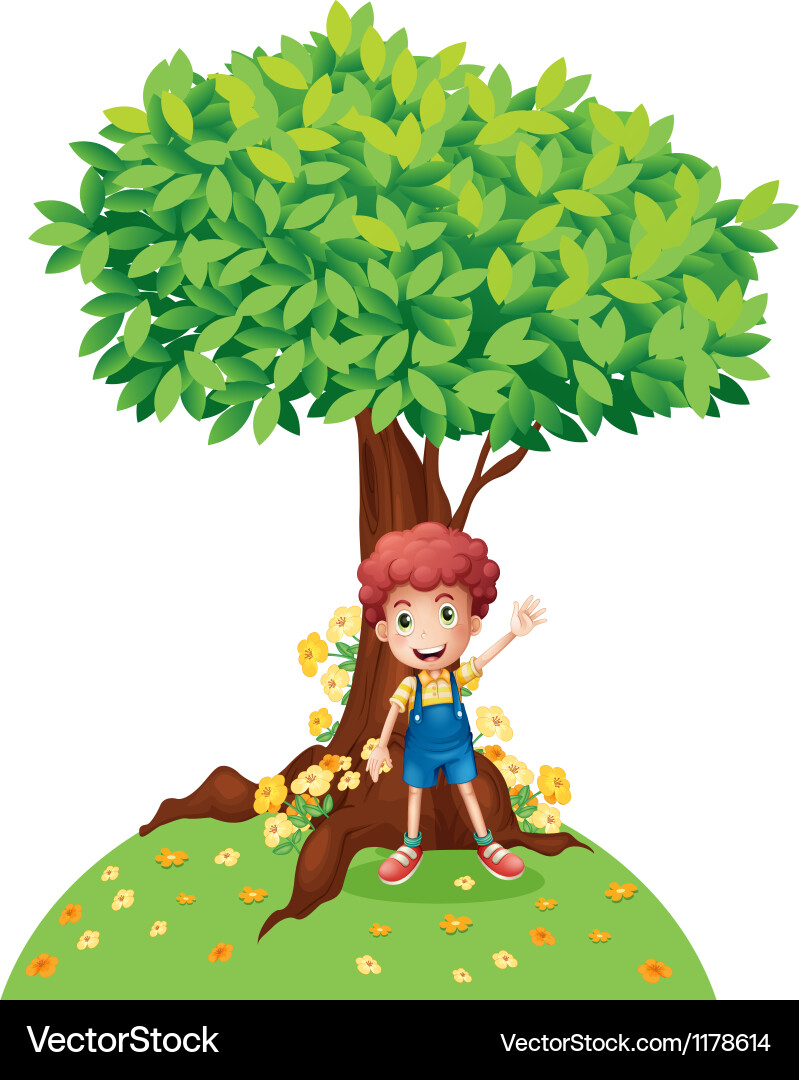 A young boy standing under a big tree Royalty Free Vector