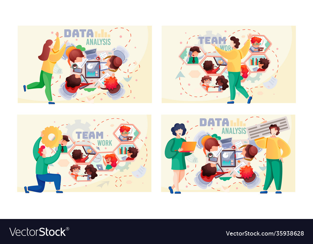 Data analysis teamwork set four scenes Royalty Free Vector