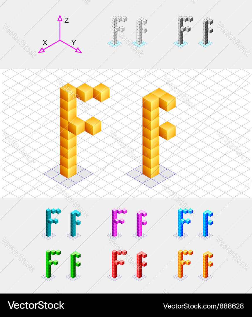 Isometric font from the cubes Letter F Royalty Free Vector