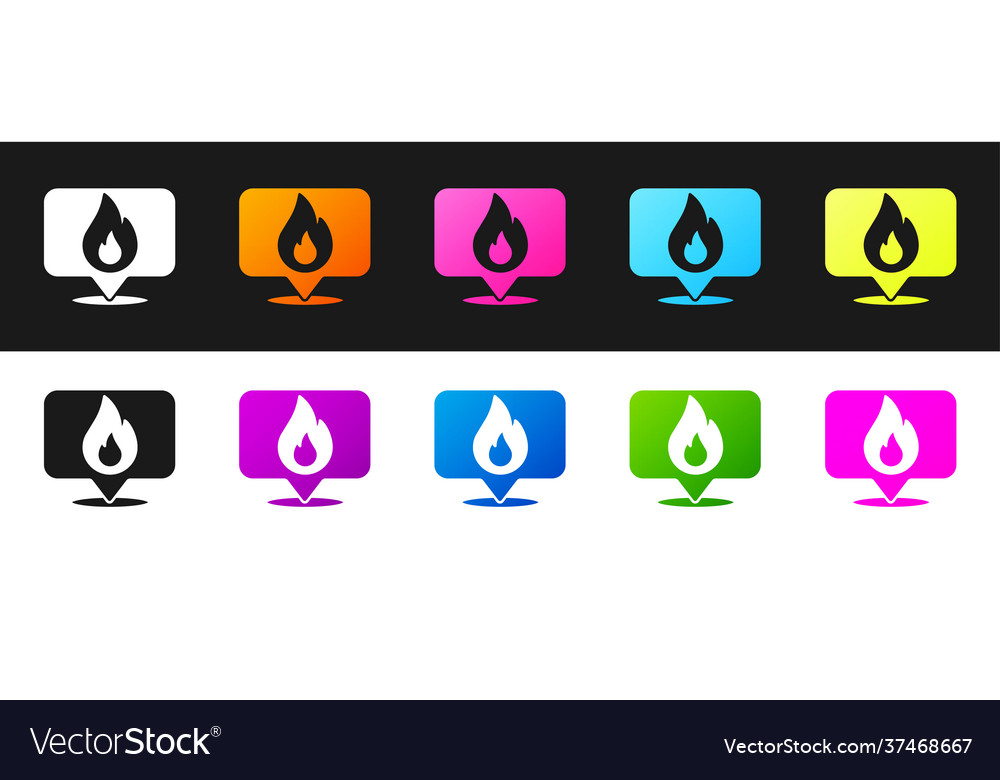 Set map pointer with fire flame icon isolated Vector Image