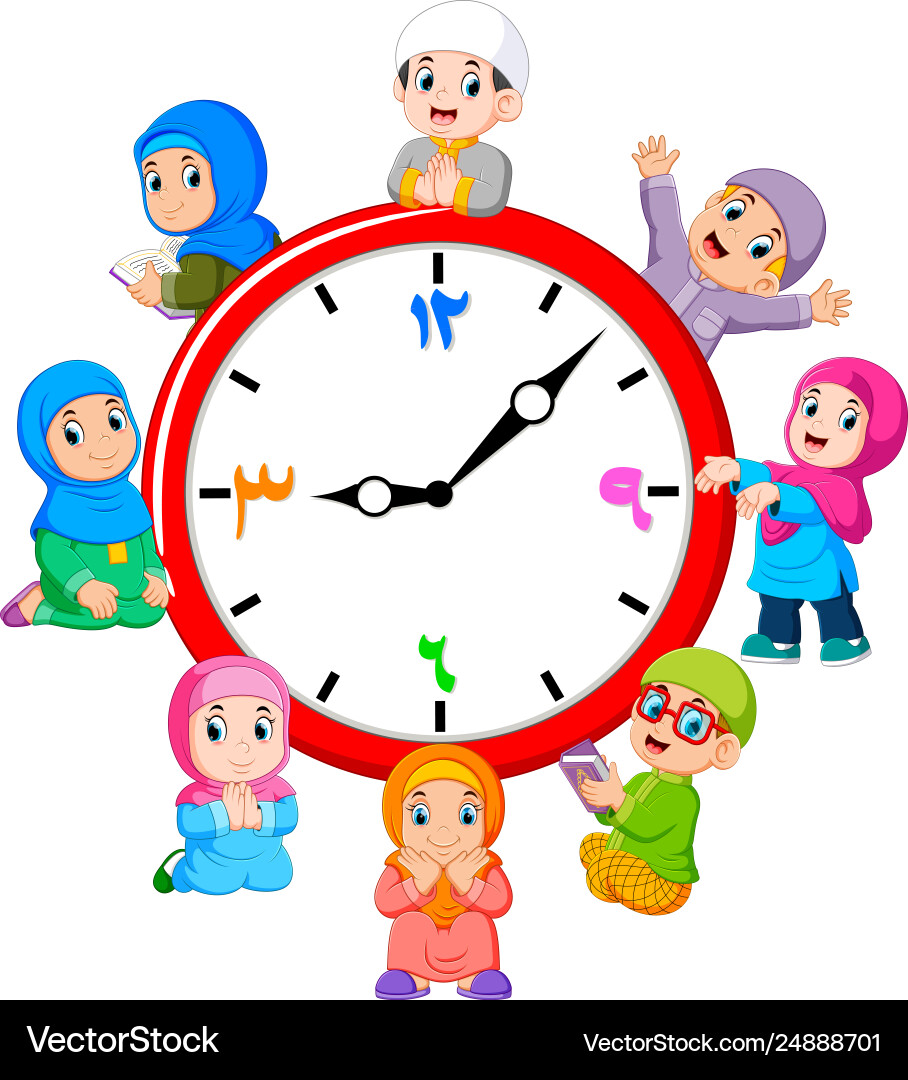 Clock with children around Royalty Free Vector Image