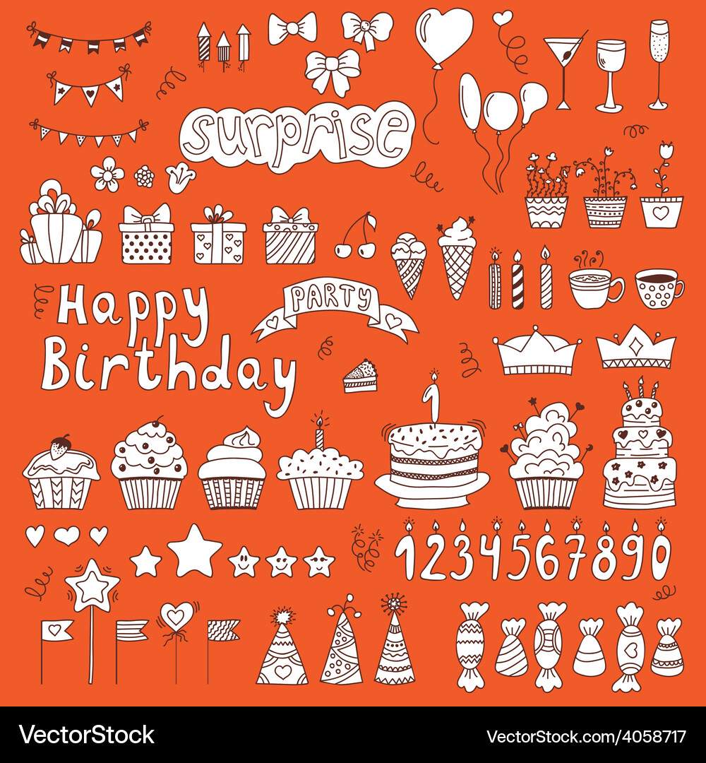 Hand drawn birthday party elements on orange Vector Image