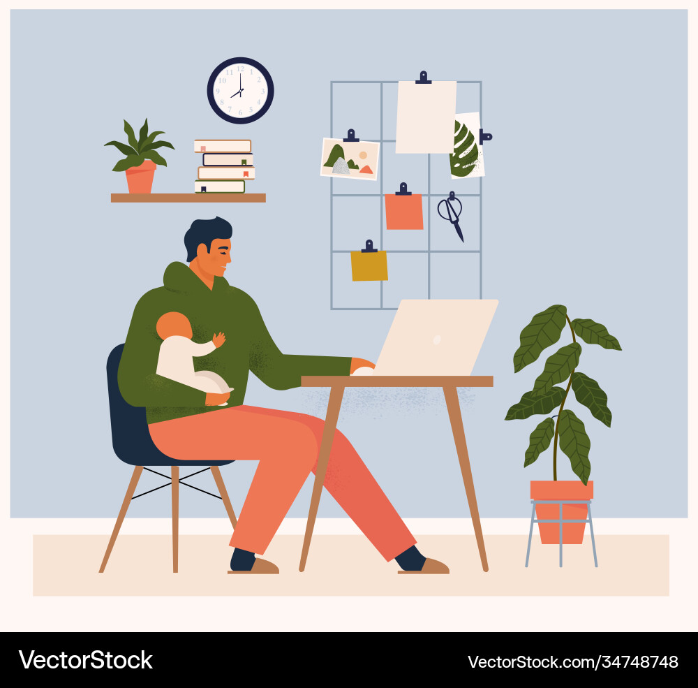 Young man character combining work and baby care Vector Image