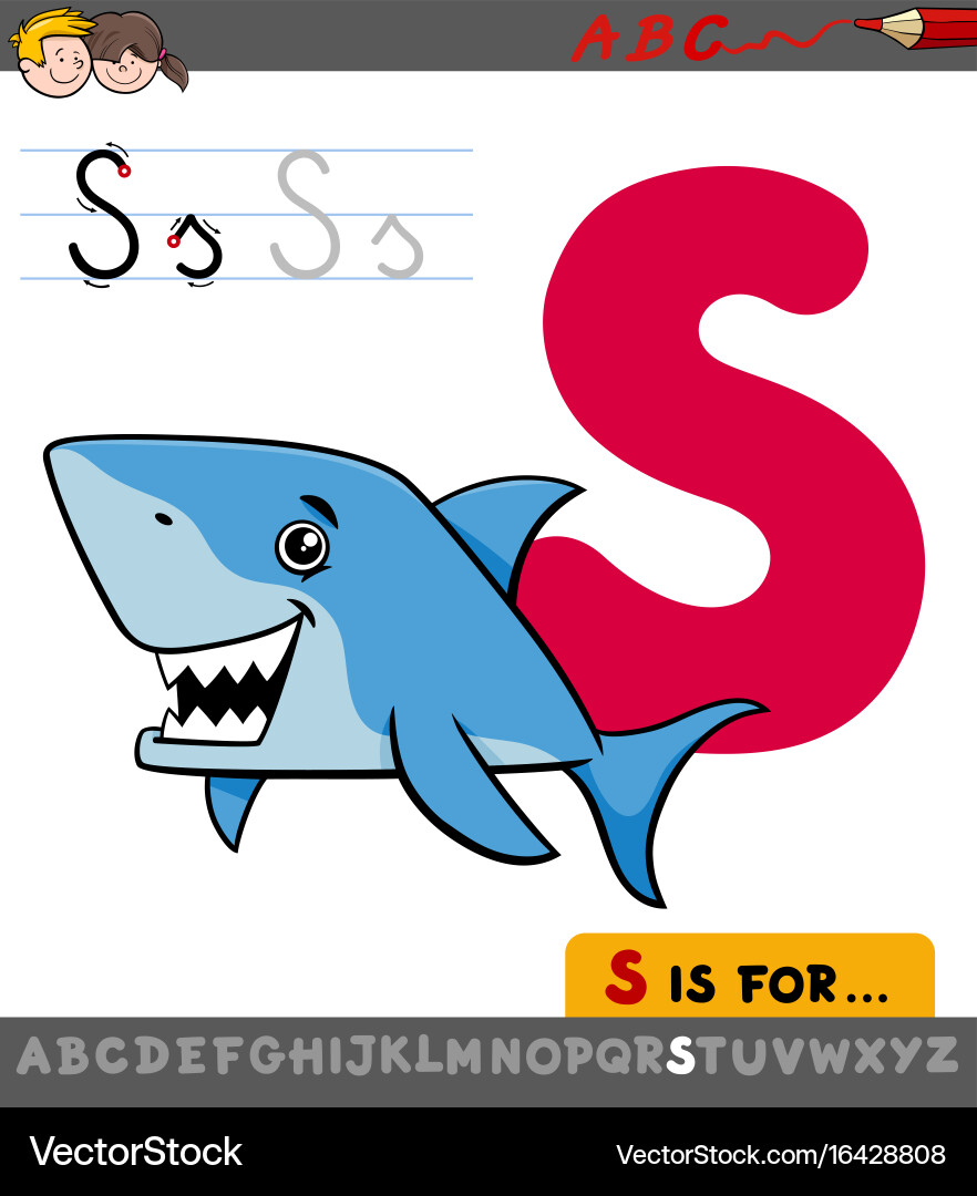 Letter s with cartoon shark fish Royalty Free Vector Image