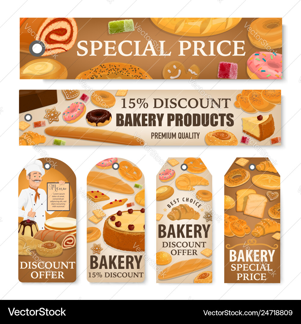 Bakery bread sweet pastry desserts discount tags Vector Image