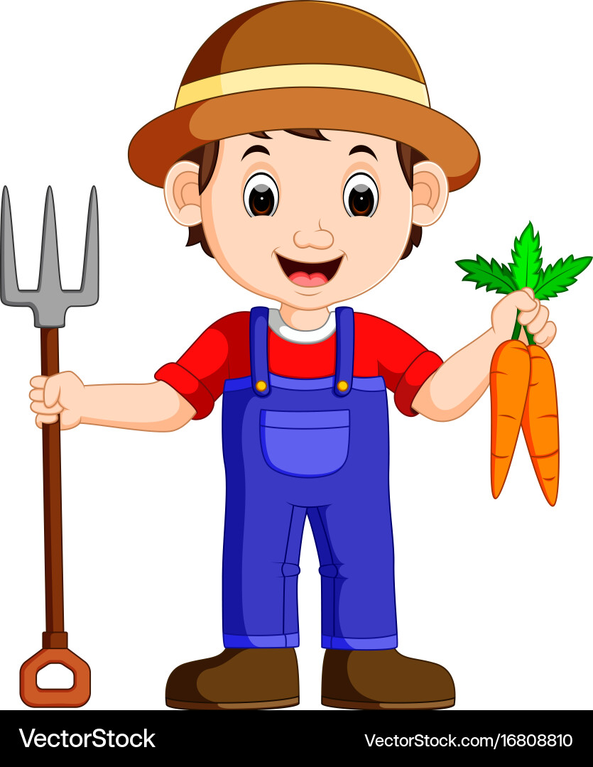 Cartoon young farmer holding rake Royalty Free Vector Image