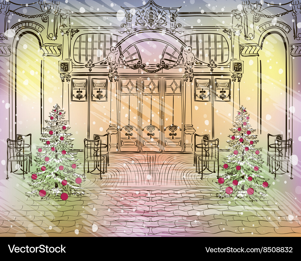 Old city cafe with christmas decorations Vector Image