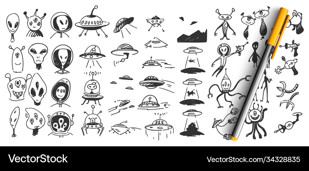 Aliens doodle set Royalty Free Vector Image - VectorStock