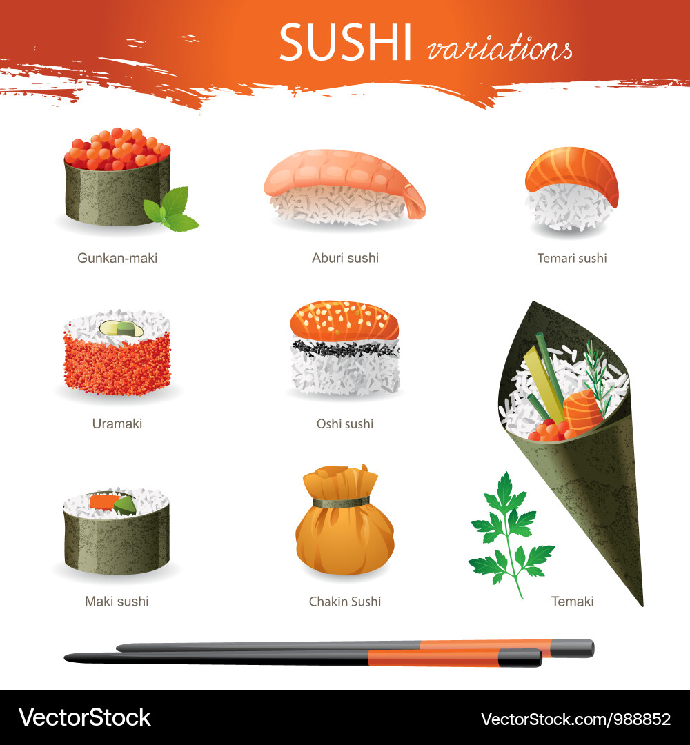Sushi types Royalty Free Vector Image - VectorStock