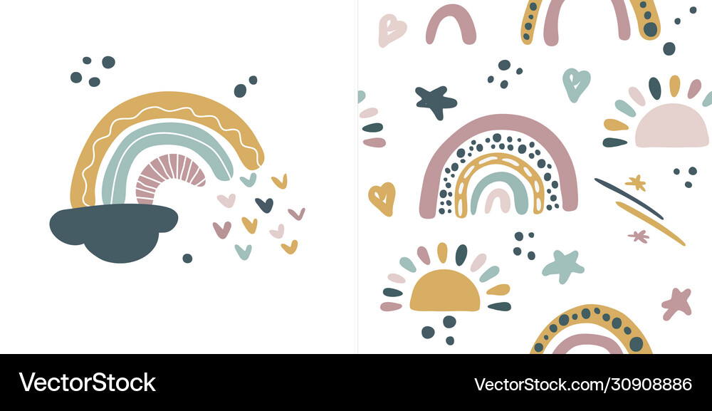 Seamless pattern with hand drawn rainbows and sun Vector Image