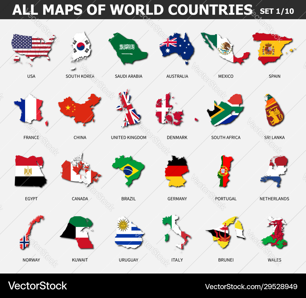 All maps world countries and flags set 1 Vector Image