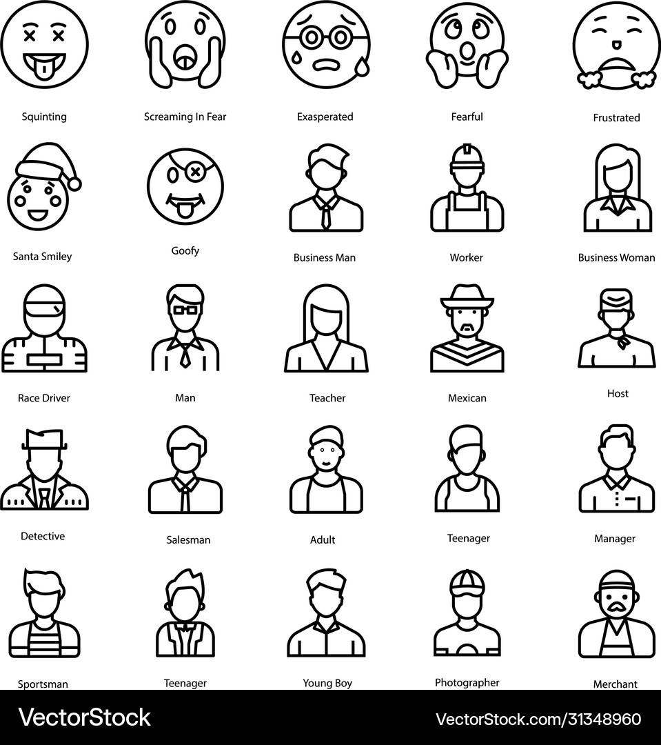 Emoticons and avatars line icons pack Royalty Free Vector