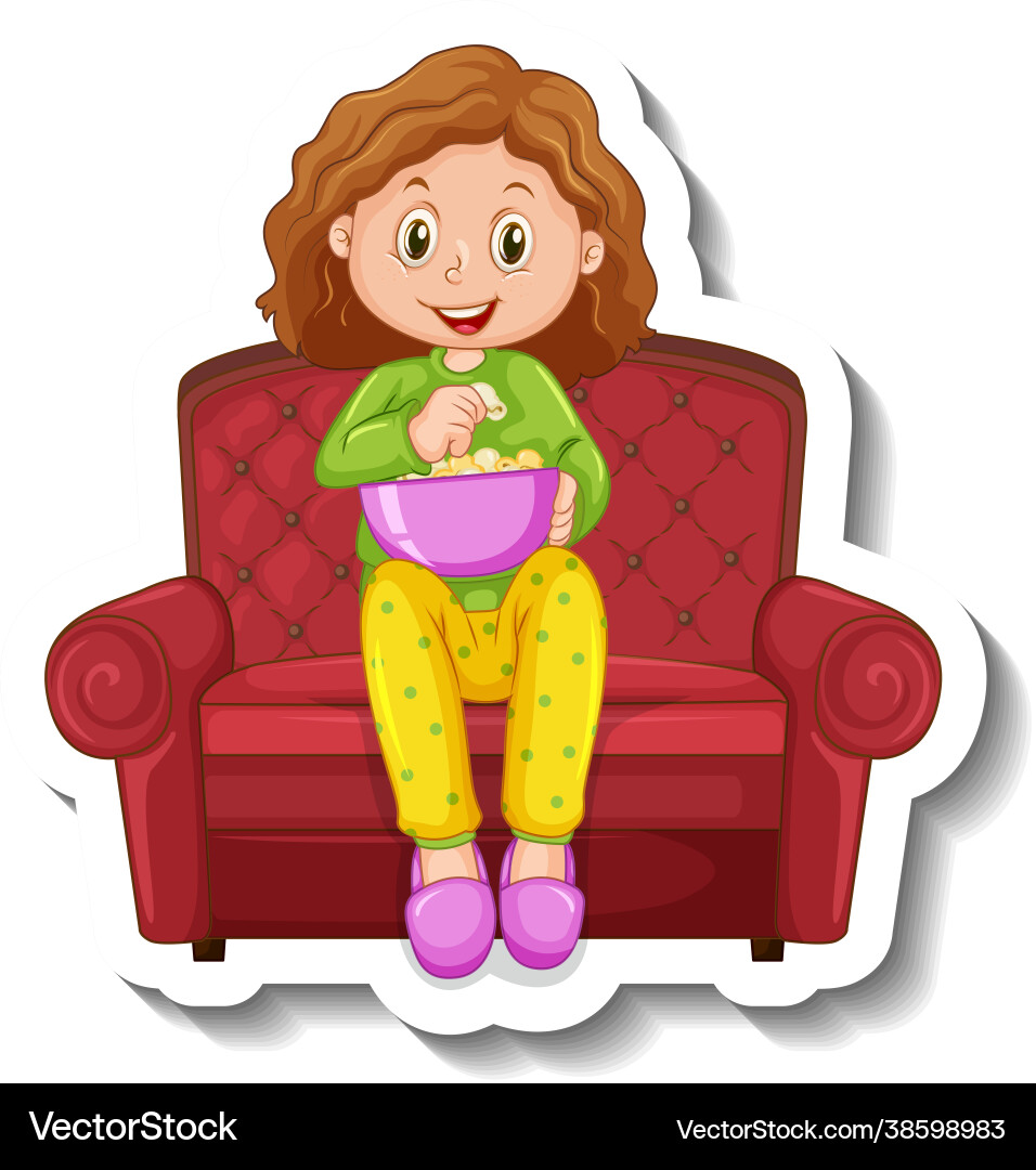 A sticker template with girl sitting on sofa Vector Image