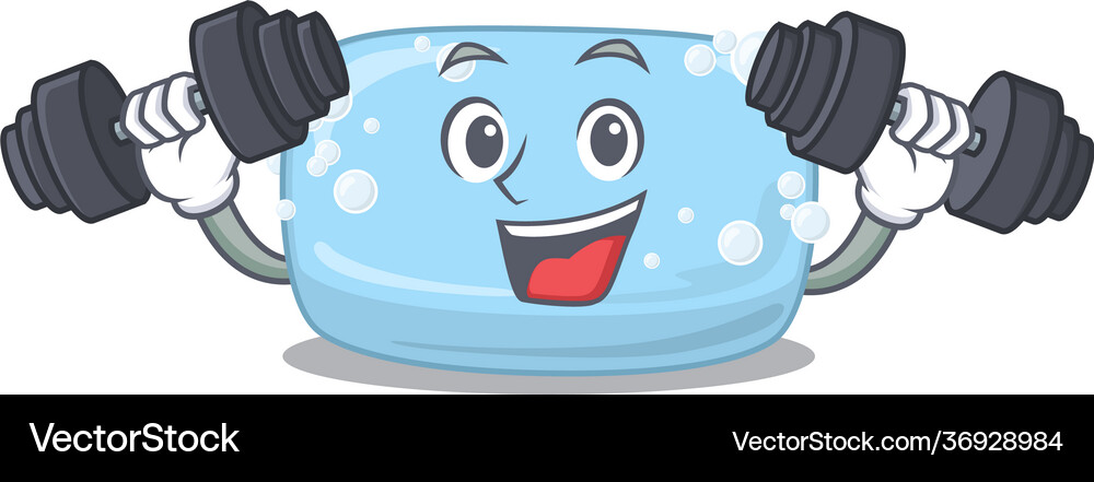 Muscular soap mascot with barbells during exercise