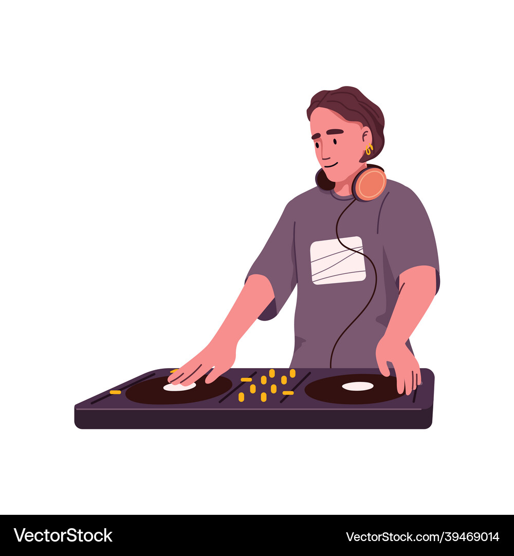 Dj playing recorded music at electronic audio Vector Image