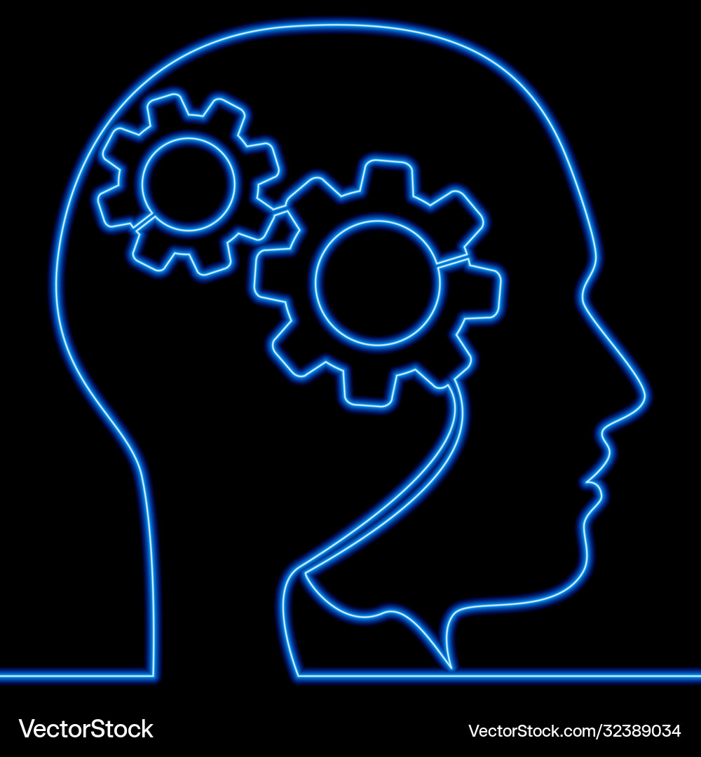 Continuous line thinking gears in head neon Vector Image