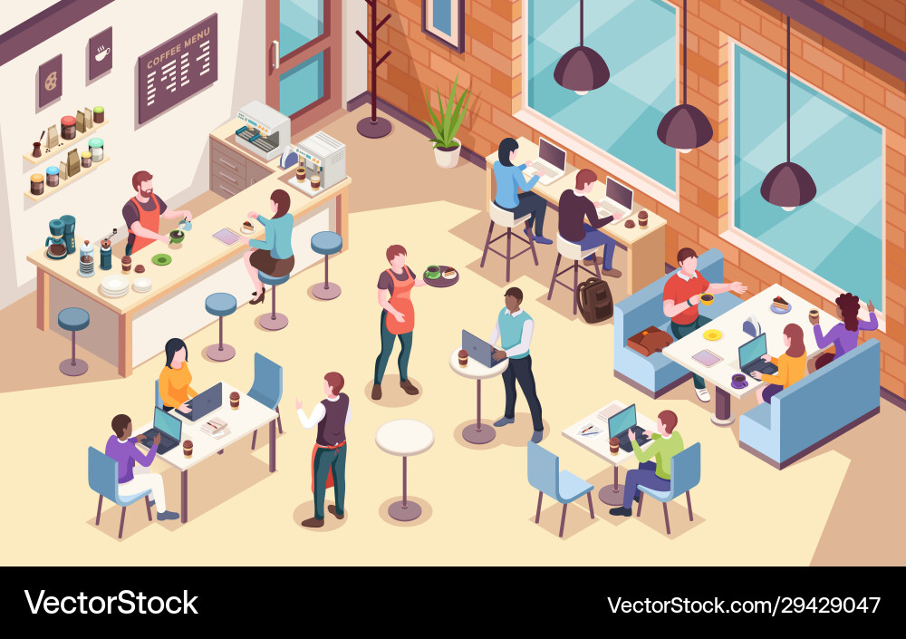 Interior view on people working and having lunch Vector Image