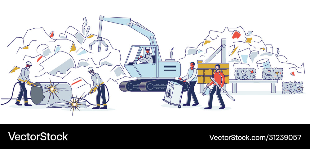 Scrap metal concept workers work on junkyard Vector Image