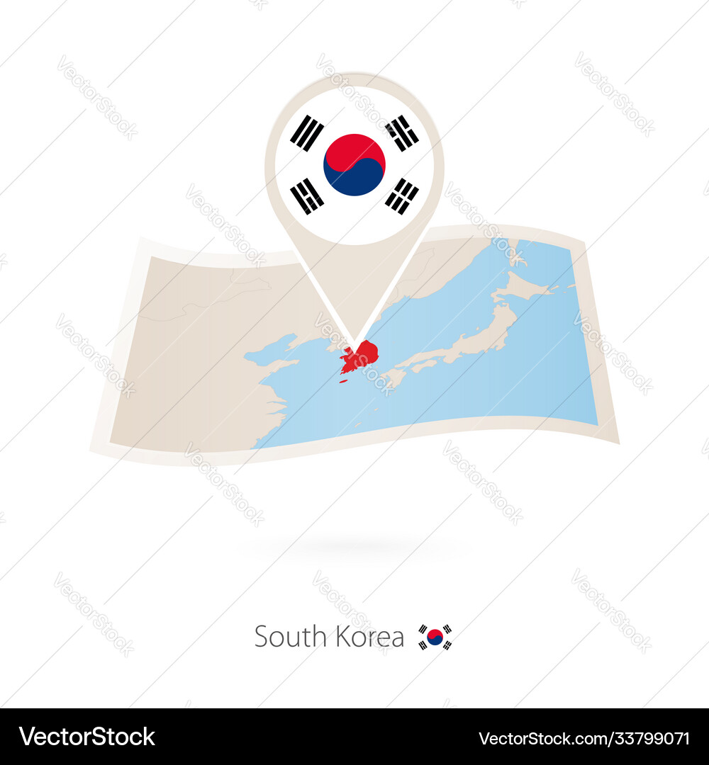 Folded paper map south korea with flag pin Vector Image