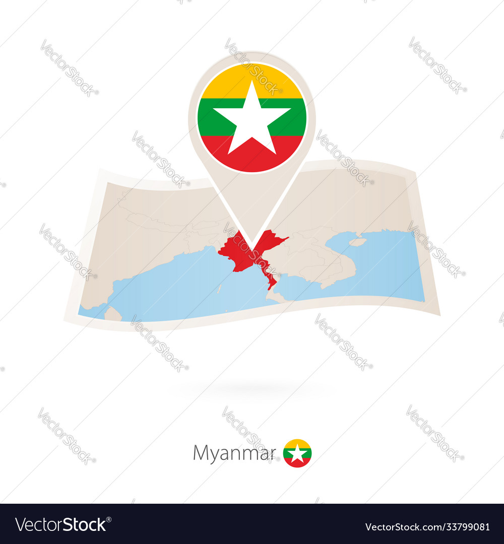 Folded paper map myanmar with flag pin Royalty Free Vector