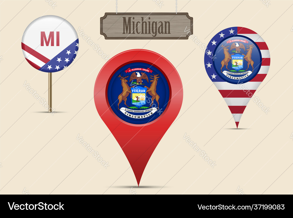 Michigan us state round flag map pin red map Vector Image