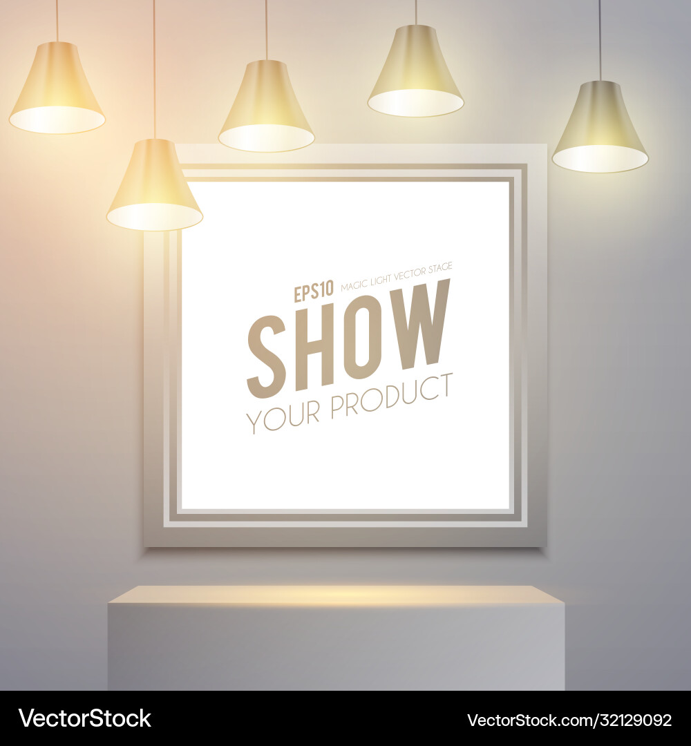 Shining lamps and square banner with podium Vector Image