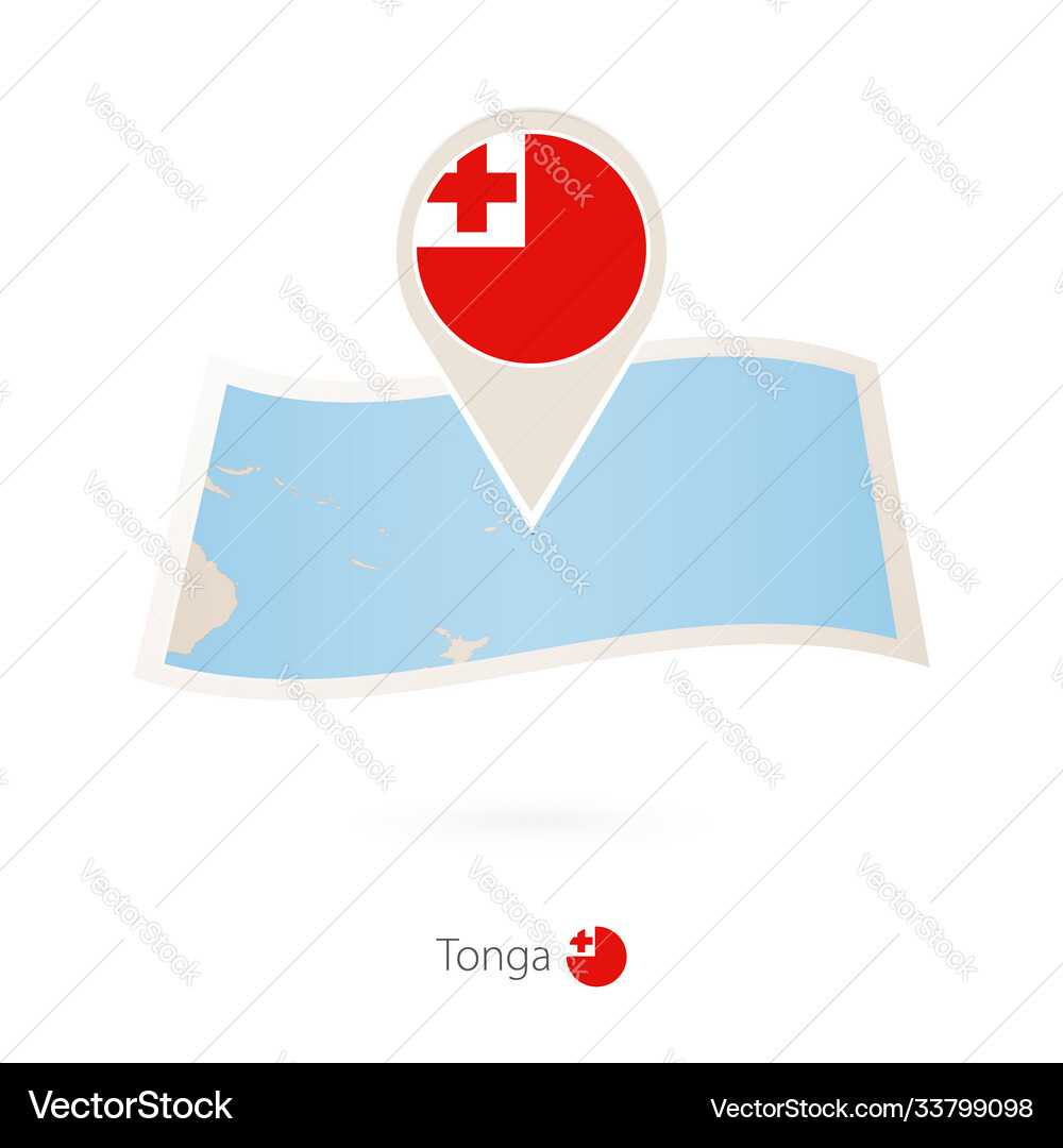 Folded paper map tonga with flag pin tonga Vector Image