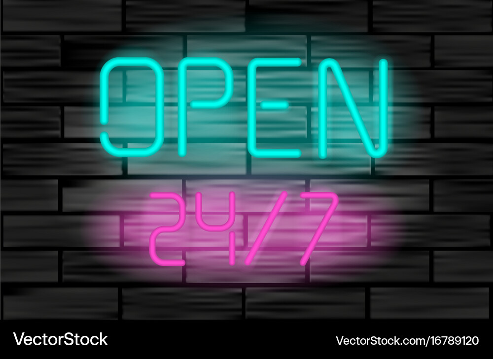 Open 24 7 neon sign on brick wall background Vector Image