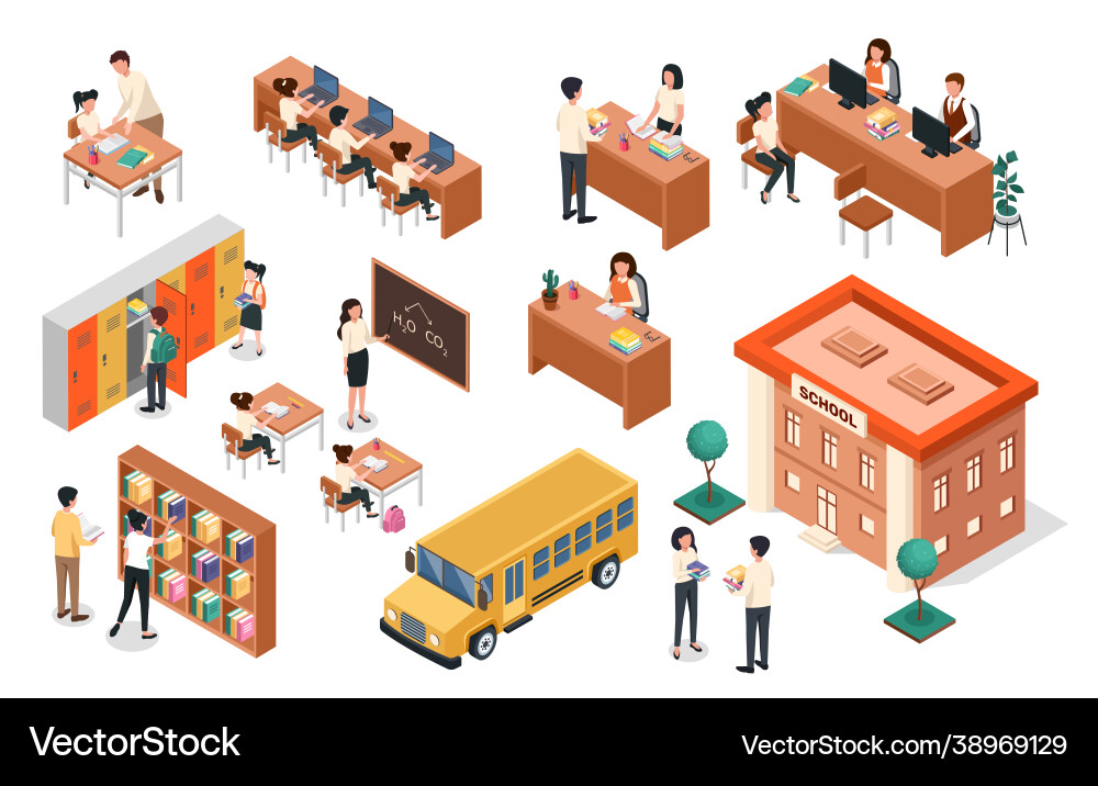 Isometric school teacher at blackboard pupils Vector Image