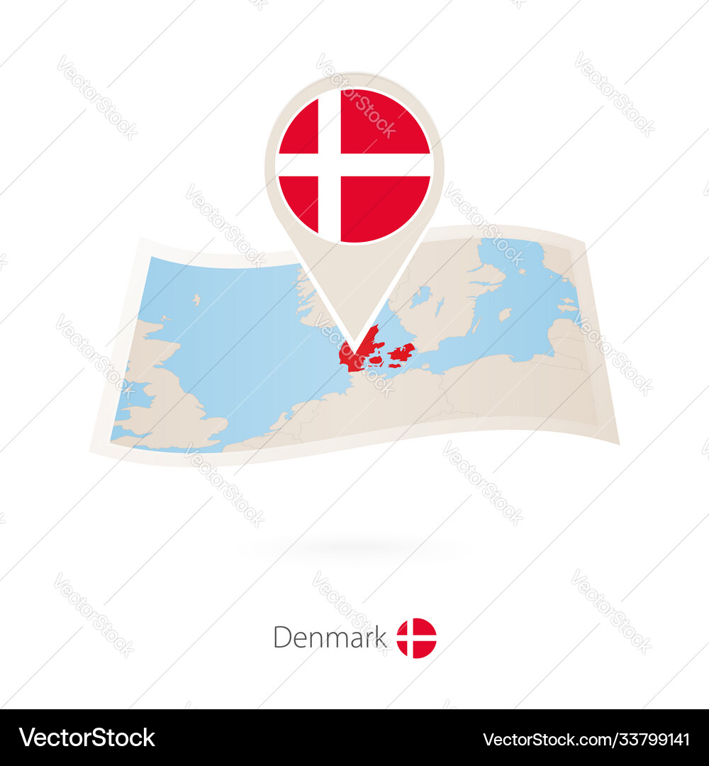 Folded paper map denmark with flag pin Royalty Free Vector
