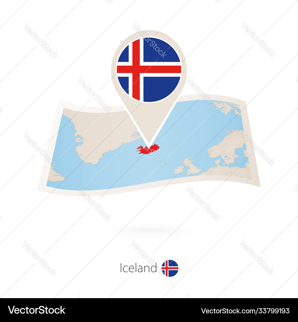 Folded paper map iceland with flag pin Royalty Free Vector